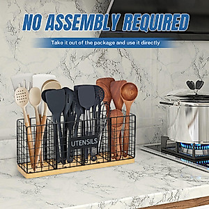 WellSign Kitchen Utensil Holder for Countertop with 4 Compartments, Black Metal Large Cooking Utensil Holder with Bamboo Base, Farmhouse Utensil Organizer for Kitchen Counter or Wall Mounted Storage