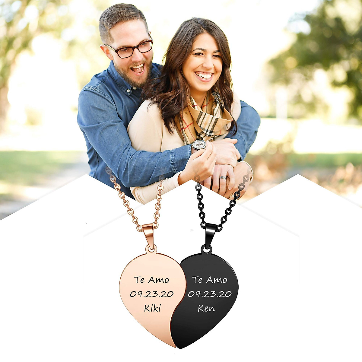 Jovivi Personalized Custom 2pcs Heart Couple Necklaces for Him and Her Black Rose Gold Stainless Steel Matching Puzzle Piece Necklace for Boyfriend Girlfriend Couples Wedding Valentines Gifts