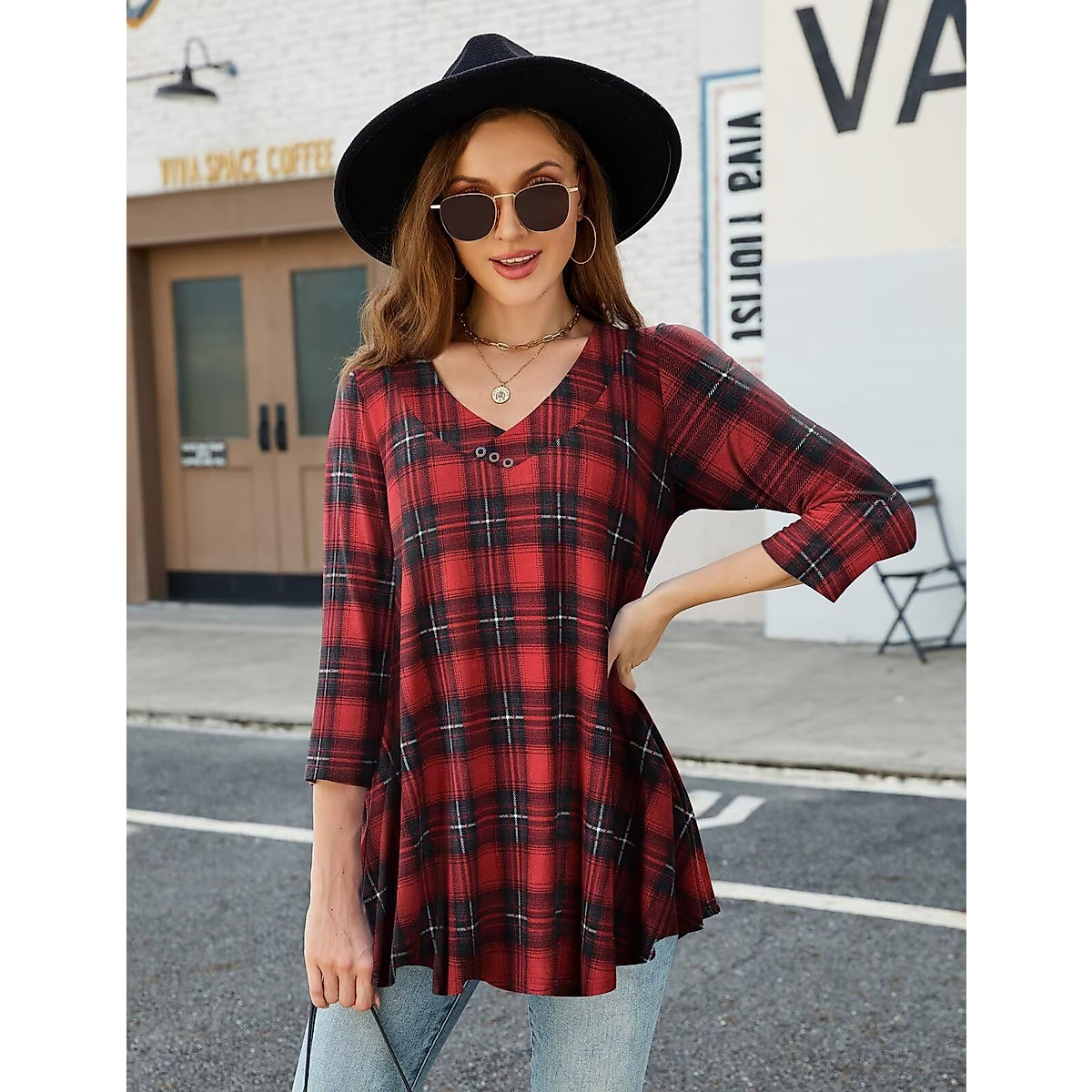 MONNURO Womens Plus Size 3/4 Sleeve V Neck Button Casual Loose Flowy Swing Tunic Tops Plaid Shirts for Leggings(Plaid Winered Pattern,1X