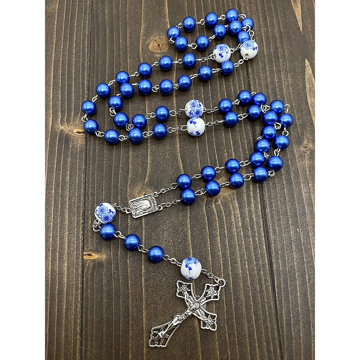 Nazareth Store Blue Pearl Beads Rosary White Flowers Beaded Necklace Lourdes Medal & Cross Crucifix
