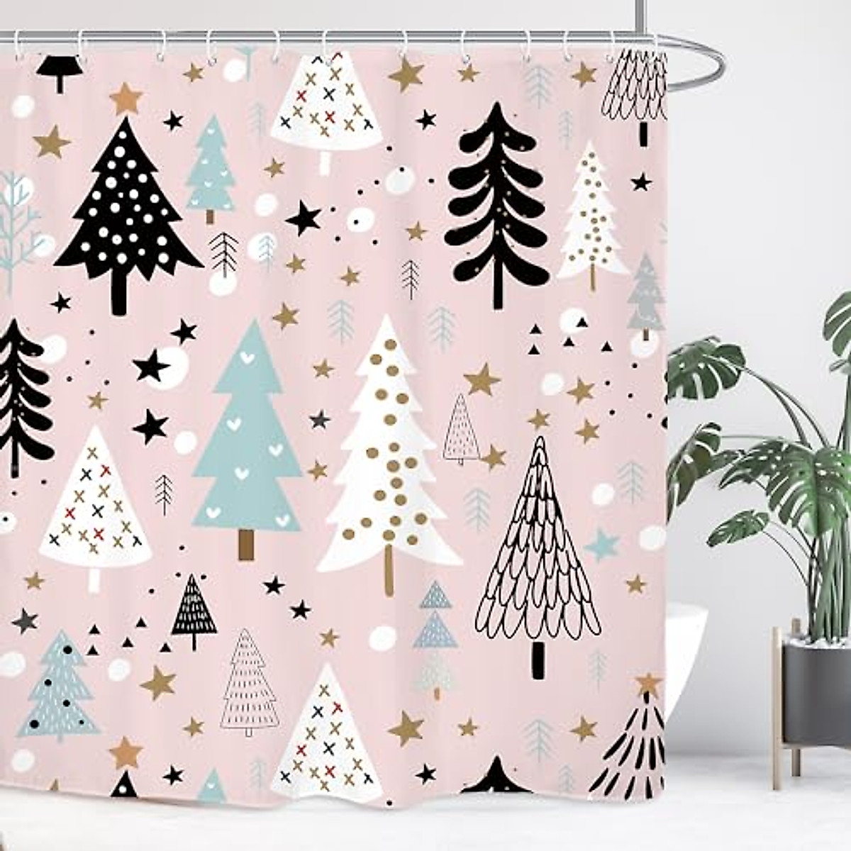 Yookeb Christmas Tree Cute Girls Bathroom Shower Curtain 60W by 71H Inch Pink Girls Xmas Pine Winter Seasonal Abstract Star Accessory Polyester Fabric 12 Plastic Hooks Waterproof Decor