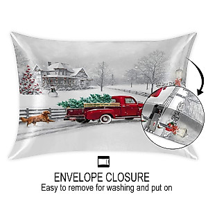 Satin Pillowcase for Hair and Skin King Size, Red Truck Dog Snowflake Christmas Silk Pillowcase Satin Pillow Cases with Envelope Closure Soft Cooling Pillow Covers Gift for Women Men, 20x40in