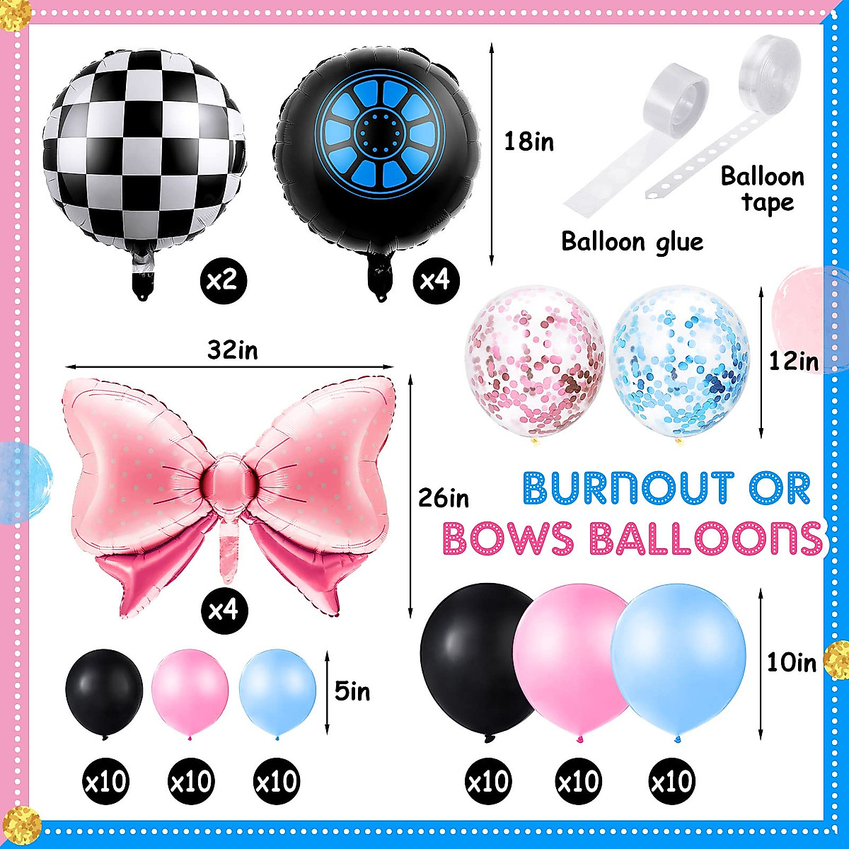 112 Pcs Burnouts or Bows Gender Reveal Decorations Set, Burnouts Bow Foil Balloons Arch Banner Gender Reveal Cake Topper Pink and Blue Balloons Foil Curtains for Gender Reveal Shower Party Supplies