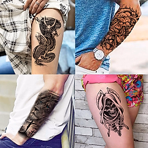 Rejaski 66 Sheets Black Eagle Dragon Temporary Tattoos For Men Women Thigh, Scary Halloween Tiger Lion Devil Skull Fake Tattoos For Adults, 3D Wolf Large Half Arm Sleeve Realistic Tatoo Forearm Teens