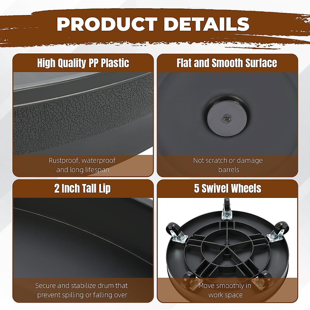 HECASA Universal Drum Dolly for 55 Gallon Round Container, 500 lbs Heavy Duty Plastic Drum Cart Barrel Cart Barrel Dolly Water Drums Trash Can Dolly with 5 Swivel Wheels for Transport Black