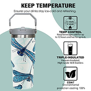 Dragonfly Tumbler with Handle and Straw, Stainless Steel Vacuum Insulated Flip Straw 30 oz Dragonfly Tumbler Spill Proof Coffee Travel Mug Dragonfly Gifts for Women