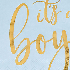 50 Pack Its a Boy Baby Shower Cocktail Napkins Party Supplies, Blue with Gold Foil Table Decorations (5 x.5 Inches)