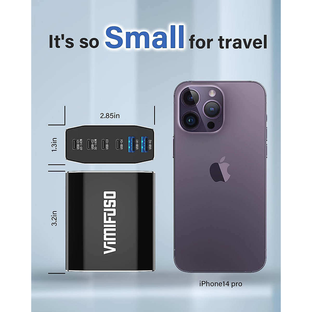 PD3.1 USB C Charger,Dual 65W Port USB C Charging Station,Vimifuso Aluminum Alloy Compact 6 Port USB C Fast Charger for Travel,140W Max Single Port GaN Fast Charger for MacBook Pro/Air M2(Black)