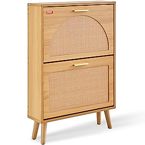VEVOR Shoe Cabinet with 2 Flip Drawers, Shoe Storage Cabinet for Entryway, Free Standing Shoe Storage Organizer with Rattan Doors for Heels, Boots, Slippers in Hallway, Living Room