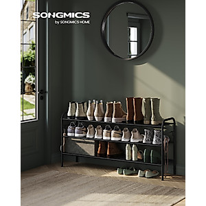 SONGMICS Shoe Rack, 3-Tier Shoe Organizer, Metal Shoe Shelf Storage with 4 Side Hooks, Holds 18 Pairs of Shoes, Height-Adjustable Shoe Rack for Entryway, Hallway, Closet, Easy Assembly, Ink Black