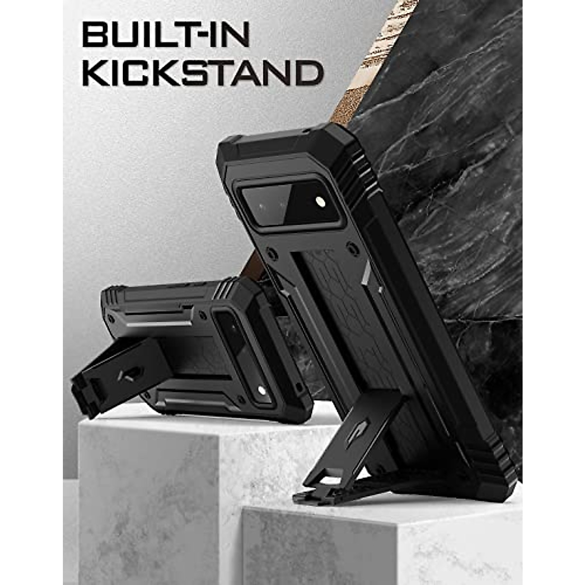 Poetic Revolution Case for Google Pixel 6 5G, Built-in Screen Protector Work with Fingerprint ID, Full Body Rugged Shockproof Protective Cover Case with Kickstand, Black