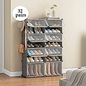 Aeitc 32 Pairs Shoe Rack Organizer Shoe Organizer Expandable Shoe Storage Cabinet Narrow Standing Stackable Space Saver Shoe Rack for Entryway, Hallway and Closet，black