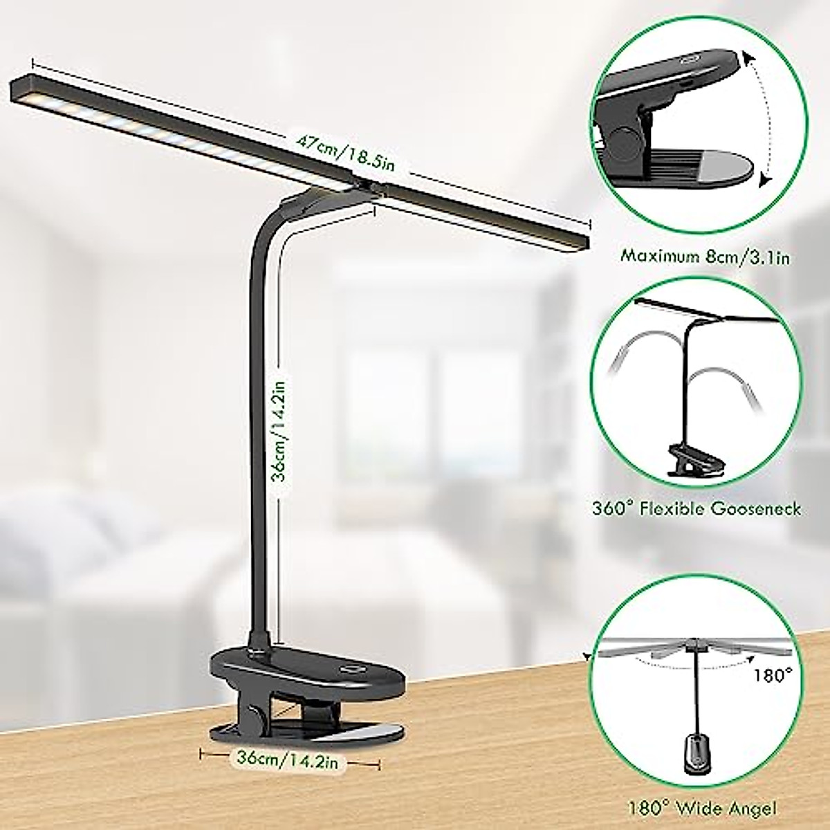 deaunbr LED Reading Light with Clip, Desk Lamp 48 LEDs 2600mAh Battery USB Rechargeable Book Lights Stepless Adjustable Brightness Eye Protection Table Lamps for Bed Headboard, Home, Office - Black