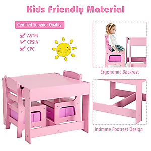 KOTEK Kids Wood Table and 2 Chairs Set with Blackboard & Storage Drawers, Children Multi Activity Table for Learning, Playing, Drawing, 3-in-1 Toddler Art Crafts Desk and Chairs Set (Pink)