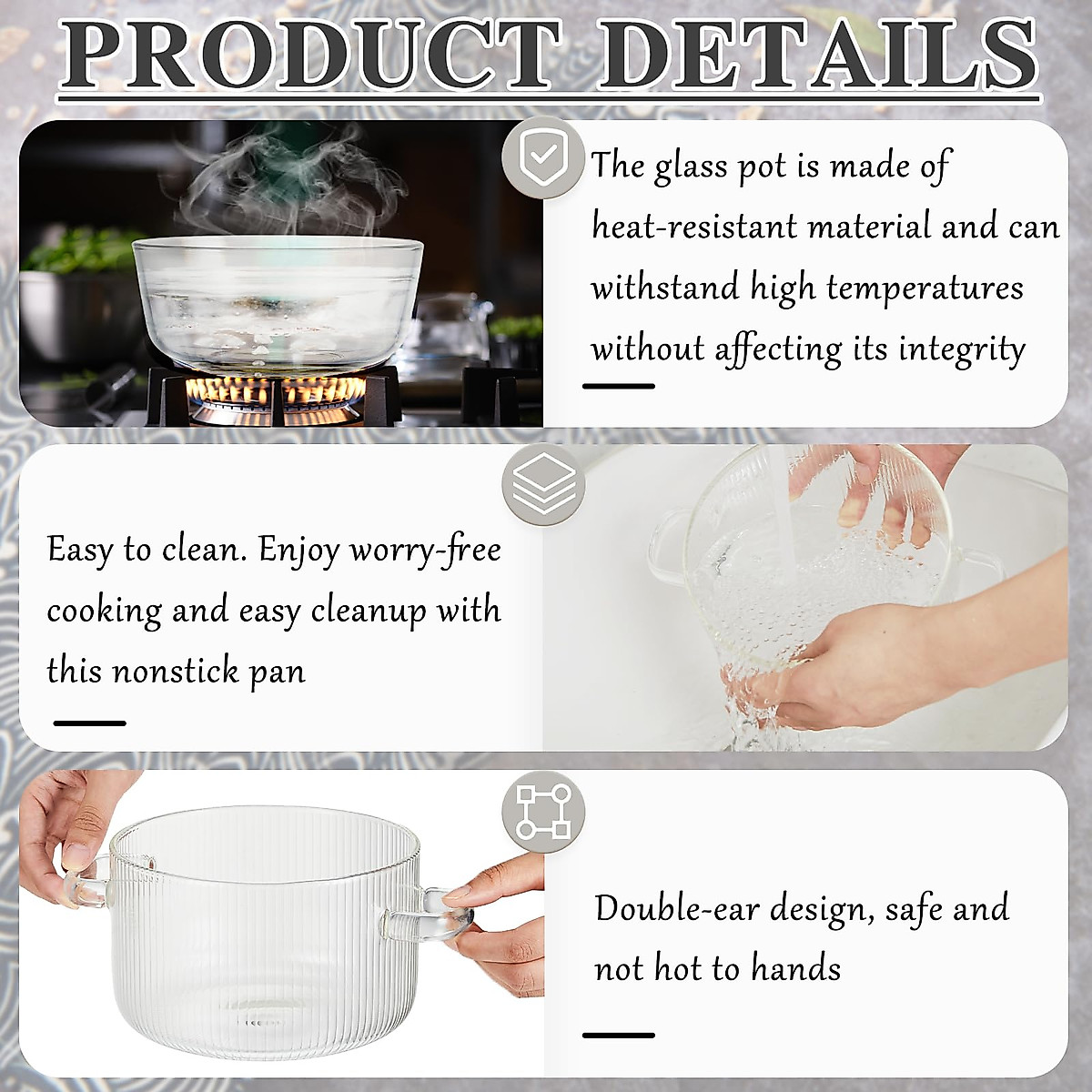 Hushee 2 Pcs Cooking Glass Pot with Lid 57 oz and Serving Bowl Glass Heat Resistant Cookware with Grip Handles with Cover Safe Clear Cooking Pots Glass Saucepan for Soup Milk Food Stove Stovetop