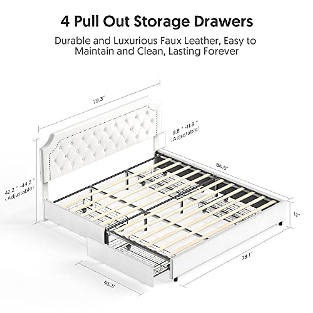 BONSOIR King Size Storage Bed Frame Upholstered Low Profile Traditional Platform with Tufted and Nail Headboard/4 Pull Out Drawers/White Faux Leather