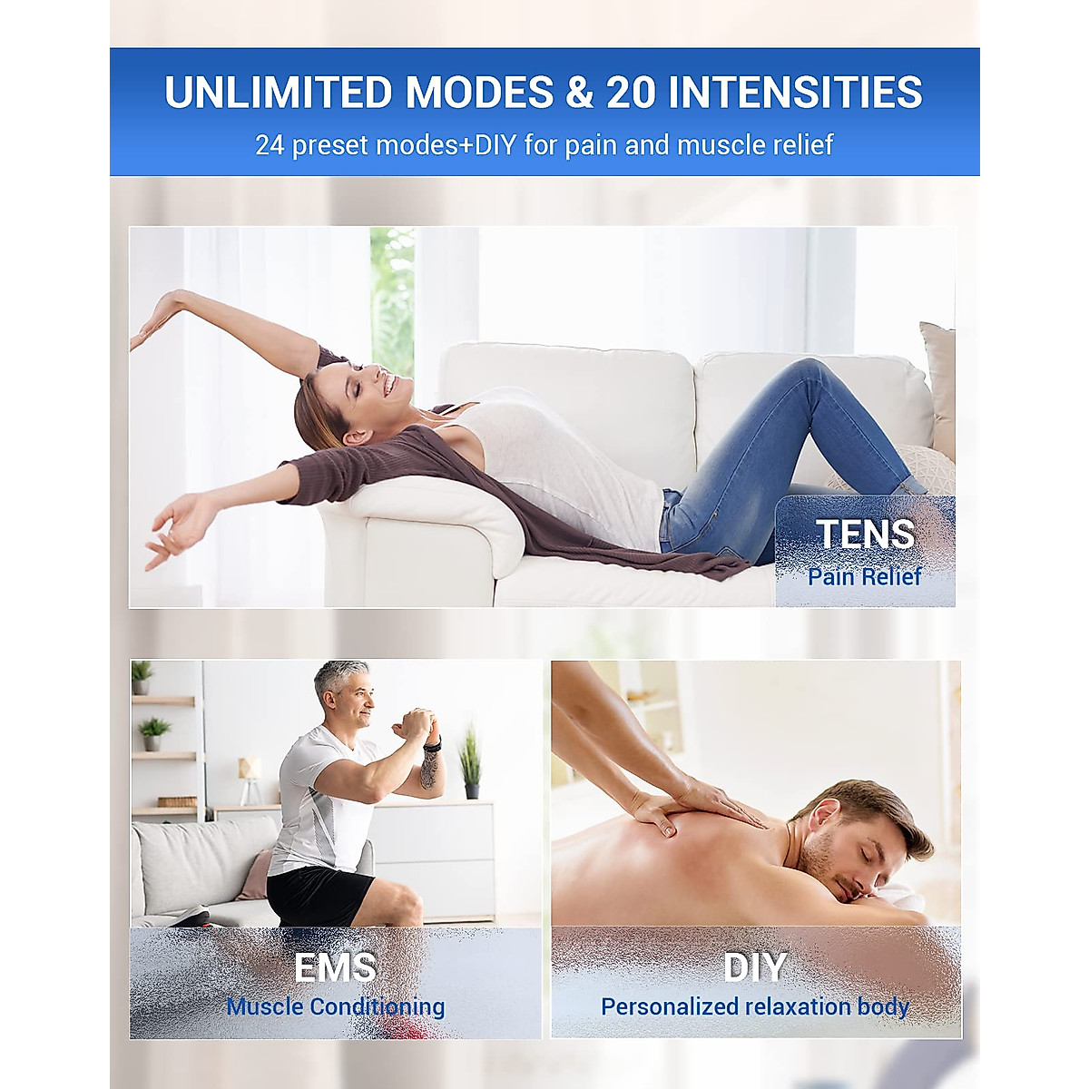 Comfytemp 4 Outputs TENS Unit Muscle Stimulator for Pain Relief, Unlimited Mode (24 Modes with DIY) EMS TENS Stim Machine Back Pain Relief Products for Neck, Sciatica, Shoulder, Shock Therapy, 10 Pads