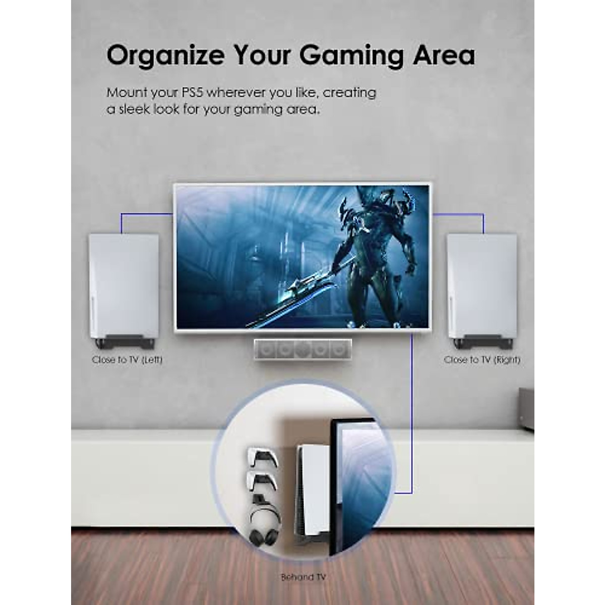 NexiGo Wall Mount Set for Playstation 5 (Disc & Digital), [Space Saving & Improved Airflow] Sturdy Steel Wall Stand Holder Mount PS5 Console Near or Behind TV w/Controller Holder & Headphone Hanger