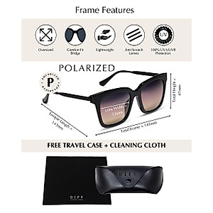 DIFF Bella Designer Oversized Square Sunglasses for Women UV400 Polarized Protection w/giftable travel case, Black + Twilight Gradient
