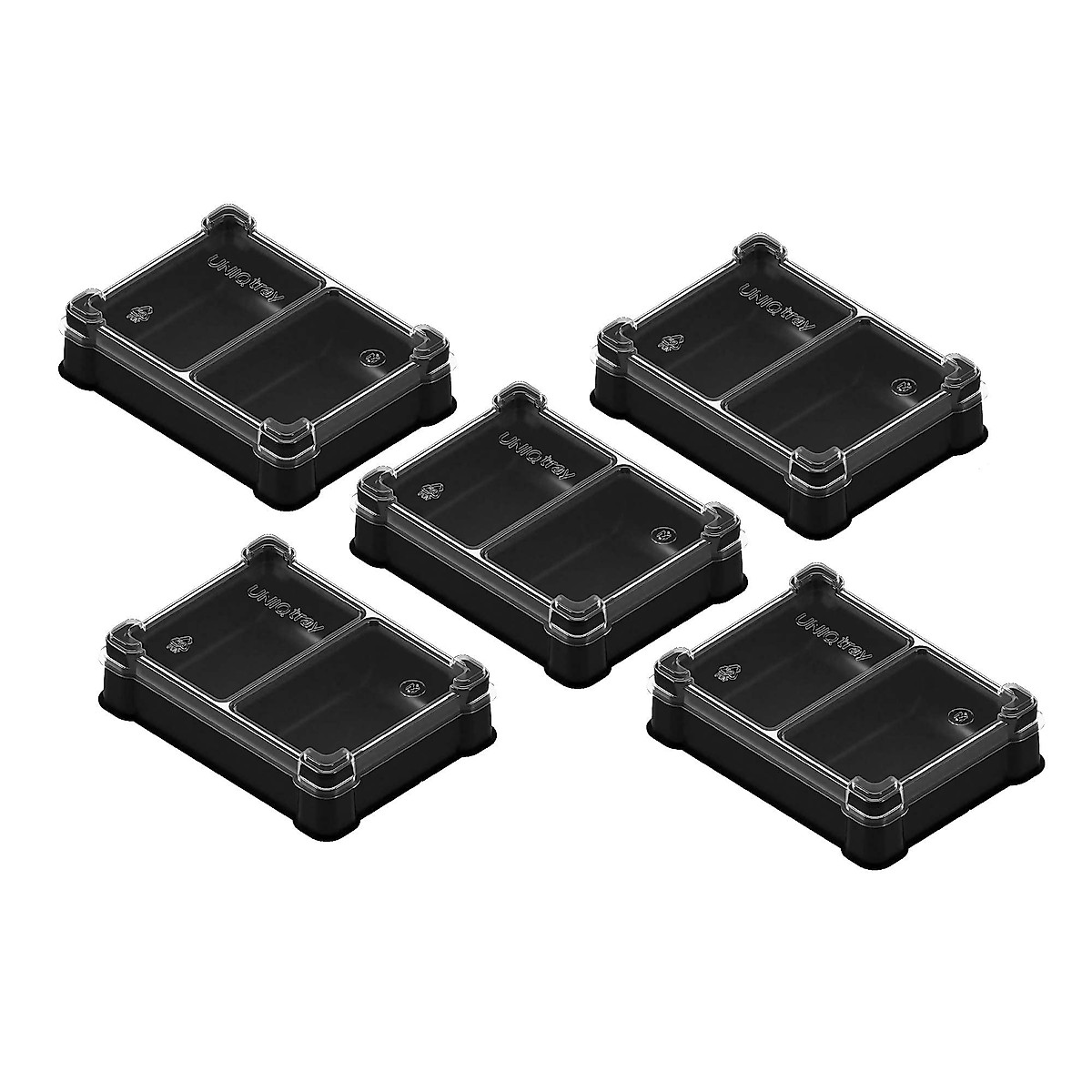 UniqTraySystem 5-Pack Token Two-Cell Box for Board Game Pieces, Meeples, Dice, Tokens (5 modular trays with a transparent removable lid)