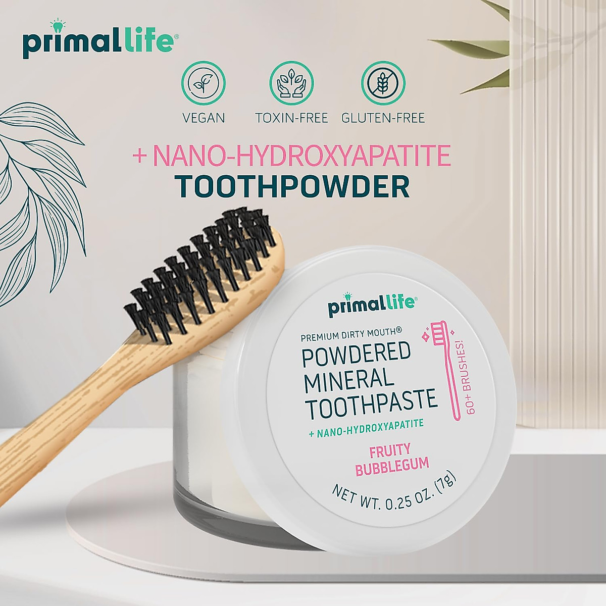 Primal Life Organics - Dirty Mouth Toothpowder, Tooth Cleaning Powder, Flavored Essential Oils with Natural Kaolin & Bentonite Clay, Good for 200+ Brushings, Organic, Vegan (Sweet Bubblegum, 0.25 oz)