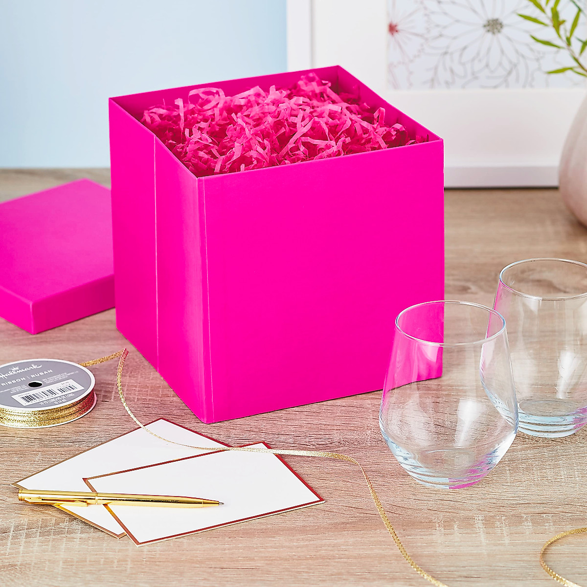 Hallmark Medium Gift Box with Lid and Shredded Paper Fill (Hot Pink 7 inch Box) for Anniversaries, Bridal Showers, Bachelorette, Bridesmaids Gifts, Valentine's Day, All Occasion