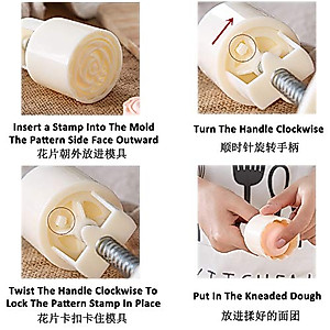 Moon Cake Mold 6 PCS, Mid Autumn Festival DIY Hand Press Cookie Stamps Pastry Tool Moon Cake Maker, Flower Mode Patterns 1 Mold 6 Stamps 50g (White).