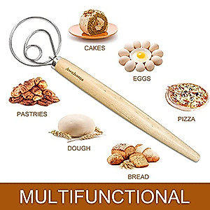 Awehoma Danish Dough Whisk Large Hand Mixer - 2 Pack Large 13” Stainless Steel & Wooden Danish Whisk - Dutch Style Artisan Blender for Bread, Batter, Cake, Pastry, and More - Gift for Bakers