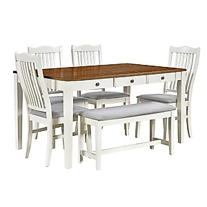 Bellemave Dining Table Set for 6 Kitchen Table with Bench and Chairs Farmhouse Wood Dining Room Table Set with Storage Drawer 6 Piece Dinner Table Set, Butter Milk