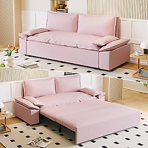 Rovibek 3 in 1 Convertible Sleeper Sofa Bed Queen Size Pull Out Couch Futon Loveseat Velvet Chaise Lounge 2 Seat for Living Room Apartment Small Space, Pink