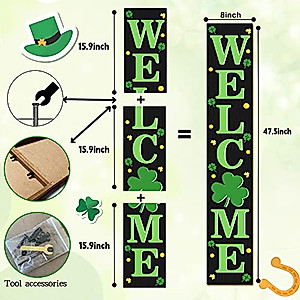 St. Patrick's Wooden Welcome Sign Vertical Porch Sign - Shamrock Lucky Coin Wooden Wall Art Sign for St. Patrick's Day Standing Hanging Home Front Door Wall Yard PartyIndoor Outdoor Decoration,47.2"H
