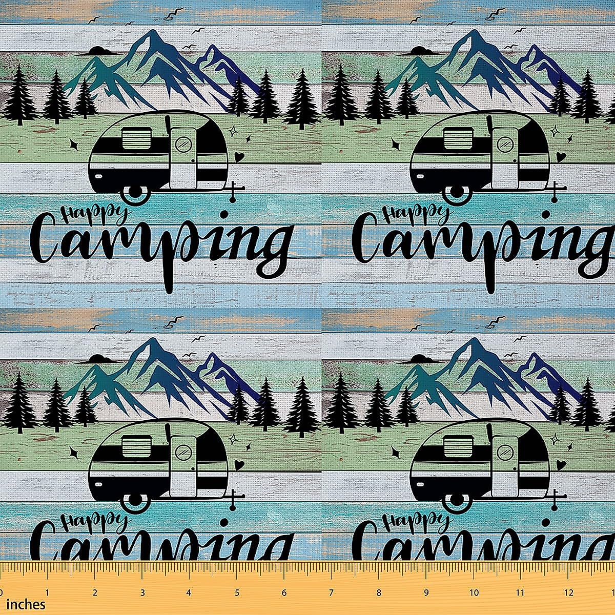 Camper Print Reupholstery Fabric 1 Yard Happy Camping Upholstery Fabric for RV Camping Fabric by The Yard Blue Patchwork Decorative Waterproof Outdoor Fabric for Chairs