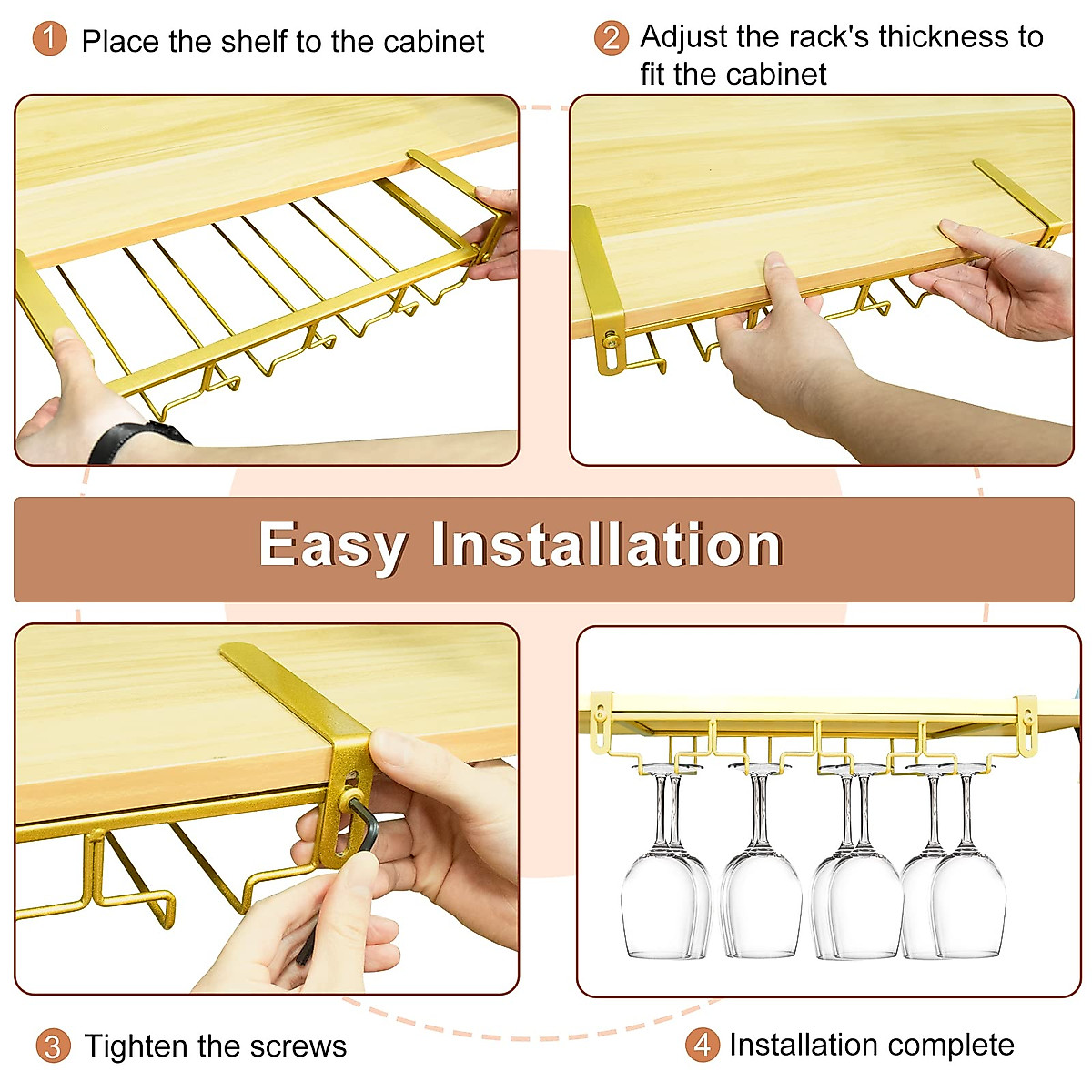 AUHOKY Adjustable Wine Glass Holder Under Shelf, Nail Free Metal Stemware Holder Storage Hanger, Hanging Wine Glasses Rack Organizer Under Cabinet Mount for Bar Kitchen (4 Rows, Gold)