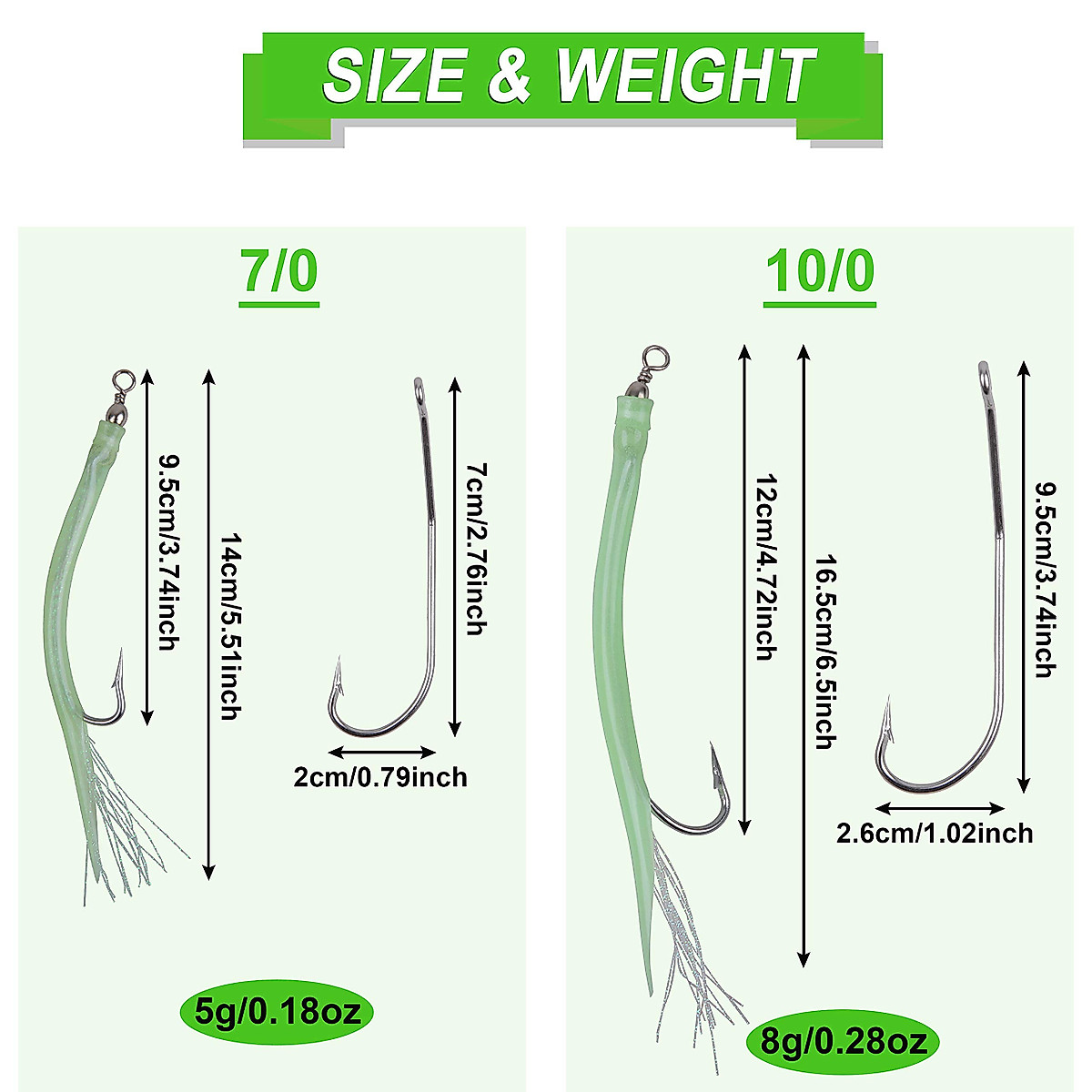 Striped Bass Tube Lures Trolling Lures Saltwater Cod Rig Tube Teaser with Stainless Steel EEL Hook Barrel Swivel for Offshore Trolling Striper Bass Big Game Fishing (Green 7/0)