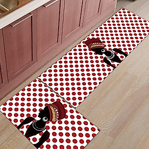 African Women Kitchen Rugs Set, 2 Pieces Comfortable Standing Mats, Floor Rug for Laundry Room, Dining Room, Playroom 19.7x31.5inch+19.7x63inch, Polka Dots Red Black White