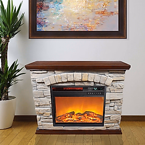 Lifesmart Large Square Infrared Faux Stone Fireplace, Fake Fireplace Heater with Mantel and Adjustable Settings for Living Room, Bedroom