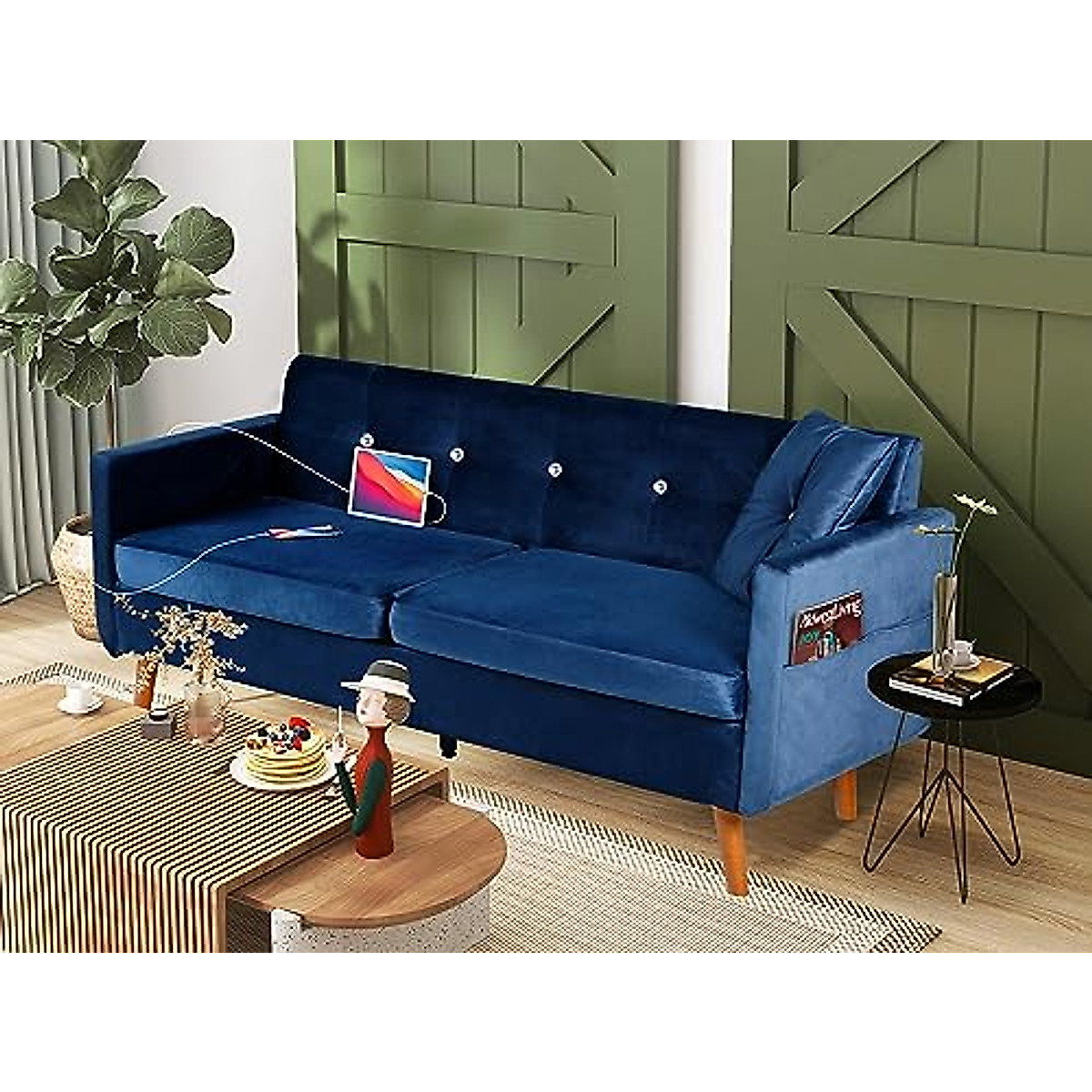 TYBOATLE 65" Modern Velvet Sofa Couch w/ 2 USB, Clear Glass Button Tufted Upholstered Love Seats for Living Room, Apartment, Bedroom (Blue)