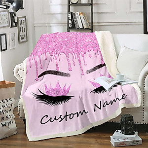 Eyelash Blanket Twin for Girls Women Kids Customize Name Throw Blanket 30”x40”,Luxury Bling Light Purple Glitter Sparkle Eyelashes Makeup Girly Fleece Blanket Cute Princess Style Bedroom Decor Gifts