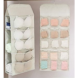 LCXEGO Dual Side Closet Hanging Organizer,3 Shelf Hanging Closet Organizer with Rotating Hanger and Mesh Pocket Bra Underwear Socks Towel Handbag Storage Oxford Bags (3+5+15Pockets,Light Grey)