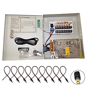 Evertech 8 Channel 9 Port Power Box Security Camera 12V DC 5A Amper CCTV DVR Power Supply Switch Box Key Locked with 9 Pcs. Male Power Jack (9 Port)