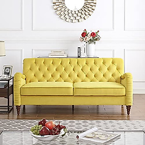 Melpomene Chesterfield-Styled 3 Seater Sofa Couch, Modern 72" Velvet Sofa with Button Tufting, Unique Arm and Wood Legs,Yellow