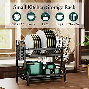 iSPECLE Dish Drying Rack for Kitchen Counter 2 Tier Dish Rack with Cup Holder, Dish Drainer with Drainboard and Utensil Holder Large Capacity for Small Kitchen Countertop Saving Space
