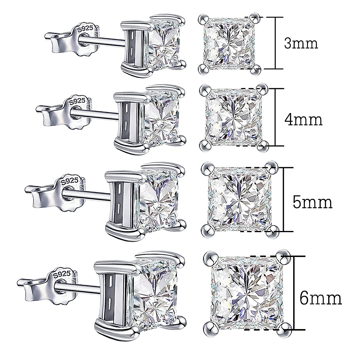 Sterling Silver Stud Earrings for Men's Women's,Square Earrings Set Hypoallergenic Cartilage Earrings Unisex,Cubic Zirconia Fashion Minimalist Earrings Pack Gifts for Him Her,4 Pairs,3MM,4MM,5MM,6MM