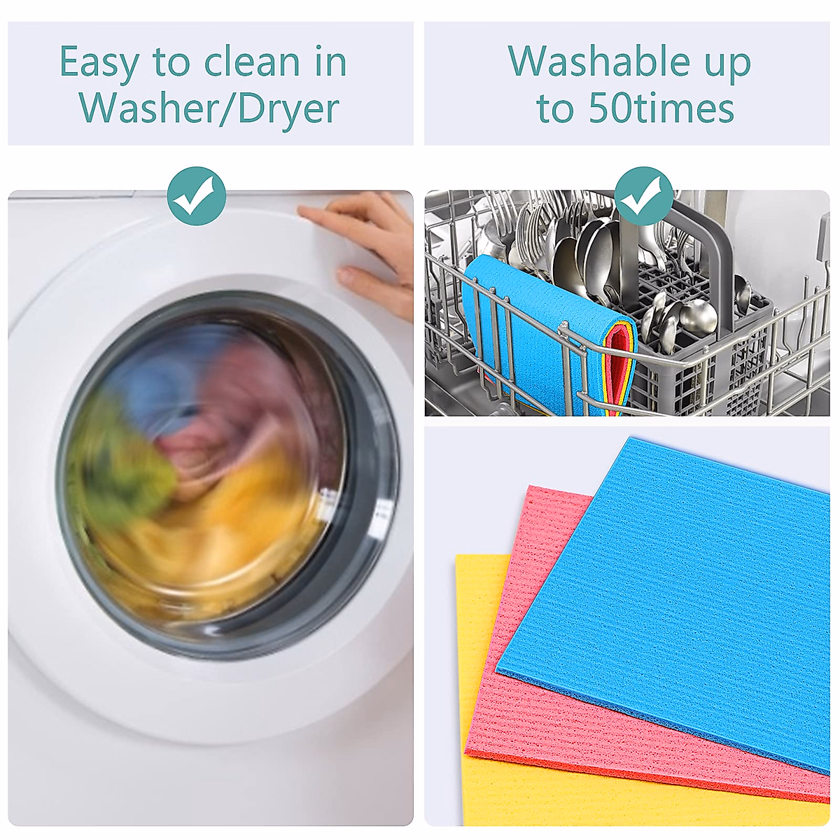 HOMEXCEL Swedish Sponge Dish Cloth, 12 Pack Reusable, Absorbent Hand Towels, Sponge Cloth for Kitchen, Bathroom, and Cleaning Counters (Pink/Blue/Yellow)