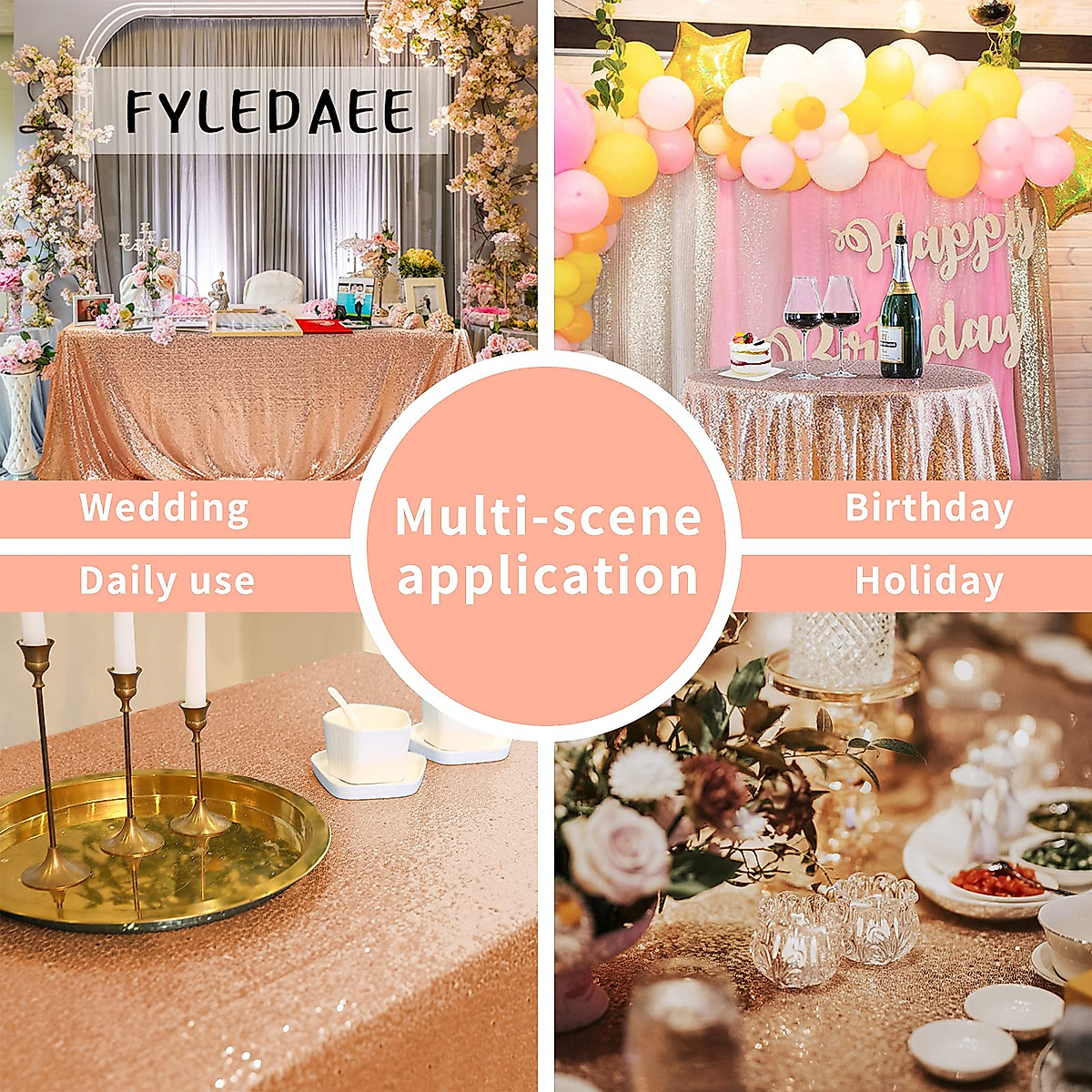 Rectangle 60X120 inch Rose Gold Sequin Table Cloths for Parties, Glitter Shiny Overlay Cover Fitted 6 FT Food Dessert Cake Tables for Birthday Wedding Baby Shower Holiday Reception Decoration