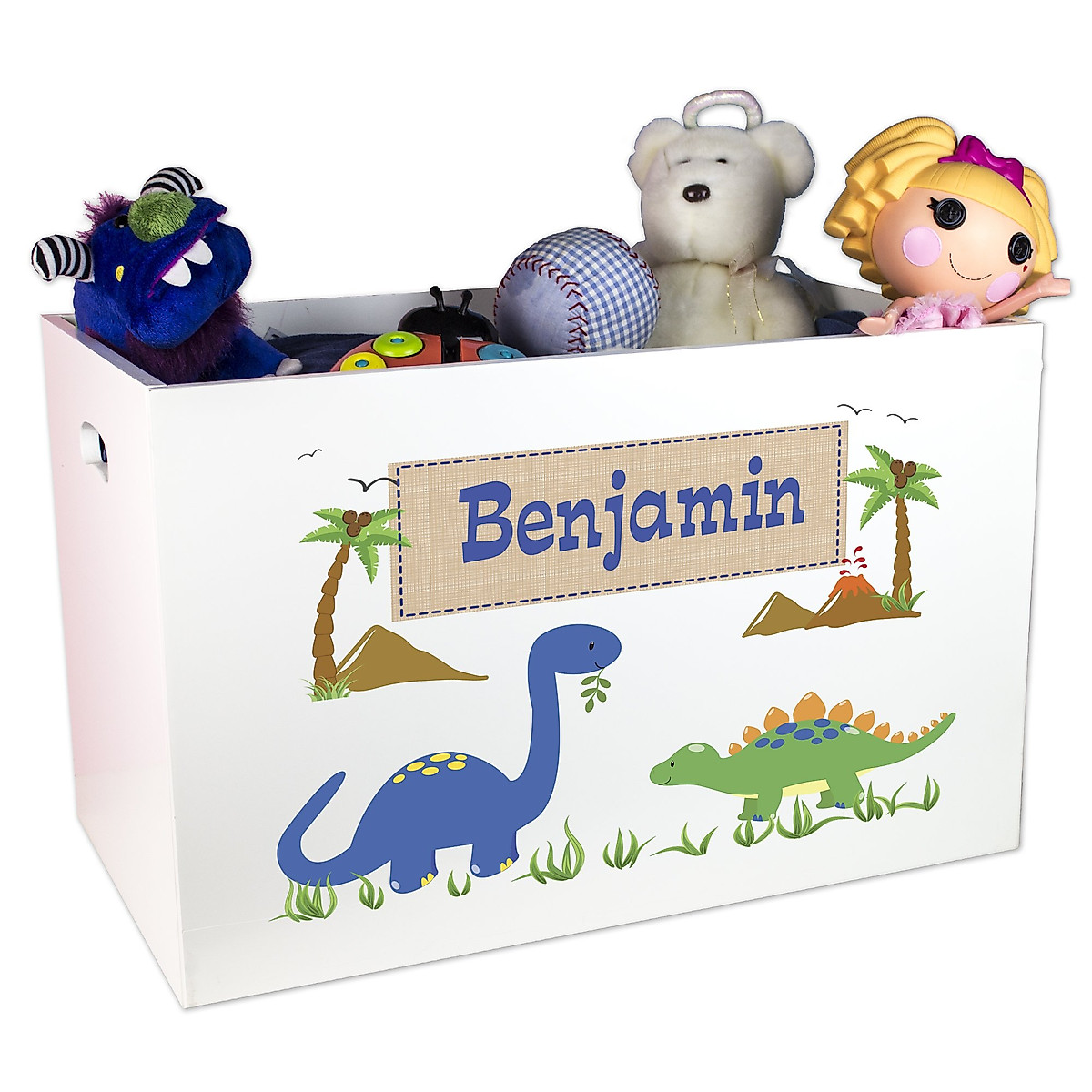 My Bambino Personalized Dinosaur Toy Box for Boys Custom White Wooden Theme for Kids Bin Child Safe with No Lid Storage Playroom Nursery (Dinosaur)