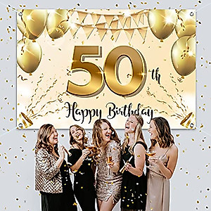 HAMIGAR 6x4ft Happy 50th Birthday Banner Backdrop - 50 Years Old Birthday Decorations Party Supplies for Women - White Gold
