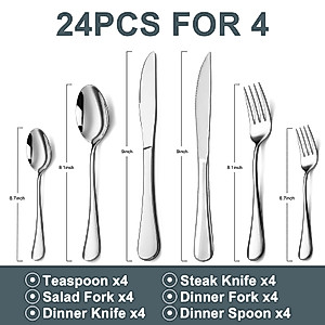 Silverware Set,SANTUO Stainless Steel Knives Spoon Forks Set for Home, Kitchen and Restaurant, Mirror Polished& Dishwasher Safe (24pcs Silverware set)