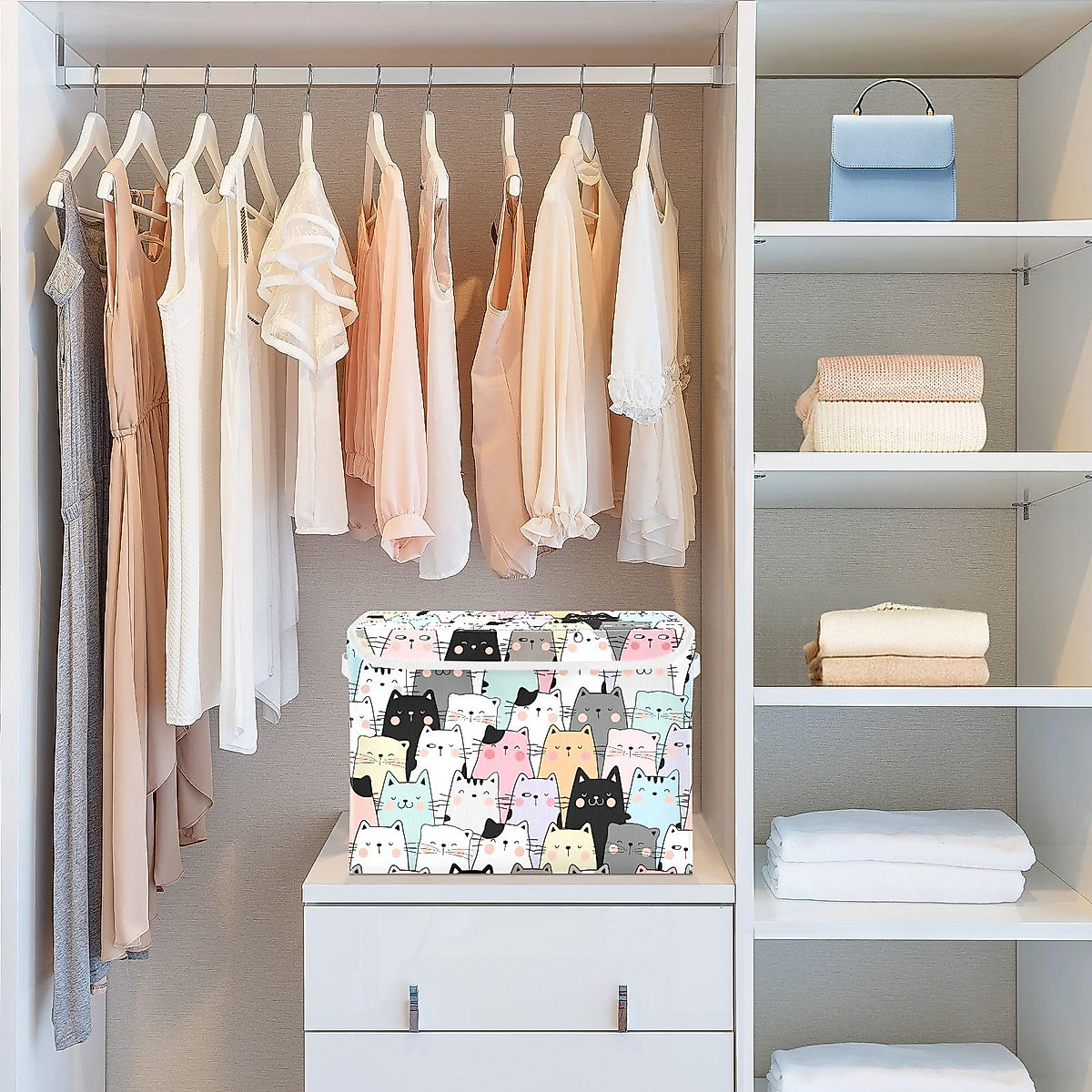 ALAZA Collapsible Large Storage Bin with Lid, Cute Cat Funny Face Foldable Storage Cube Box Organizer Basket with Handles, Toy Clothes Blanket Box for Shelves, Closet, Nursery, Playroom