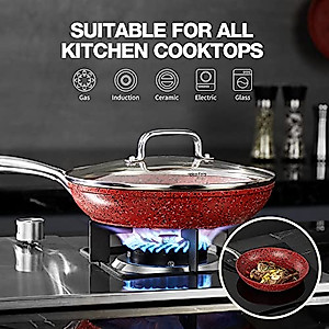 HLAFRG 8 Inch Nonstick Frying Pan with Lid, Red Granite Skillet with Non Toxic APEO & PFOA Free,Even Heating and Less Oil,Oven Pan with Heat-Resistant Handle,Omelet Pan with lid,Induction Compatible